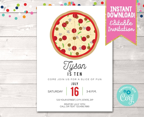 Instant Download Kids Pizza Party Invitation, Editable Pizza Birthday ...