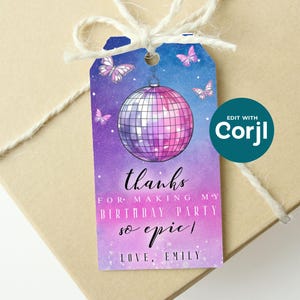 Editable Disco Ball Birthday Favor Tag: Butterfly Gift (instant ...