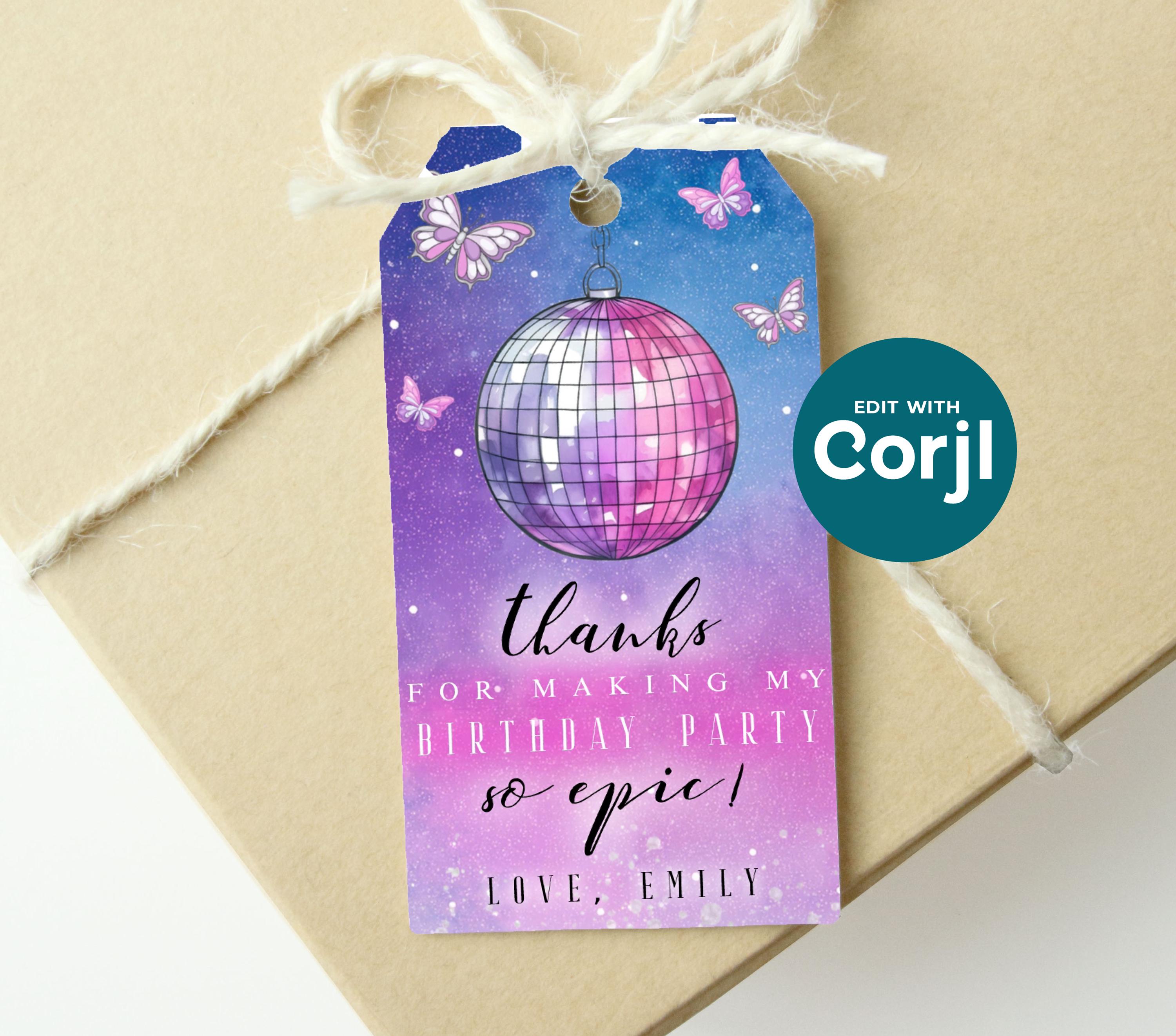 Editable Disco Ball Birthday Favor Tag: Butterfly Gift (instant ...