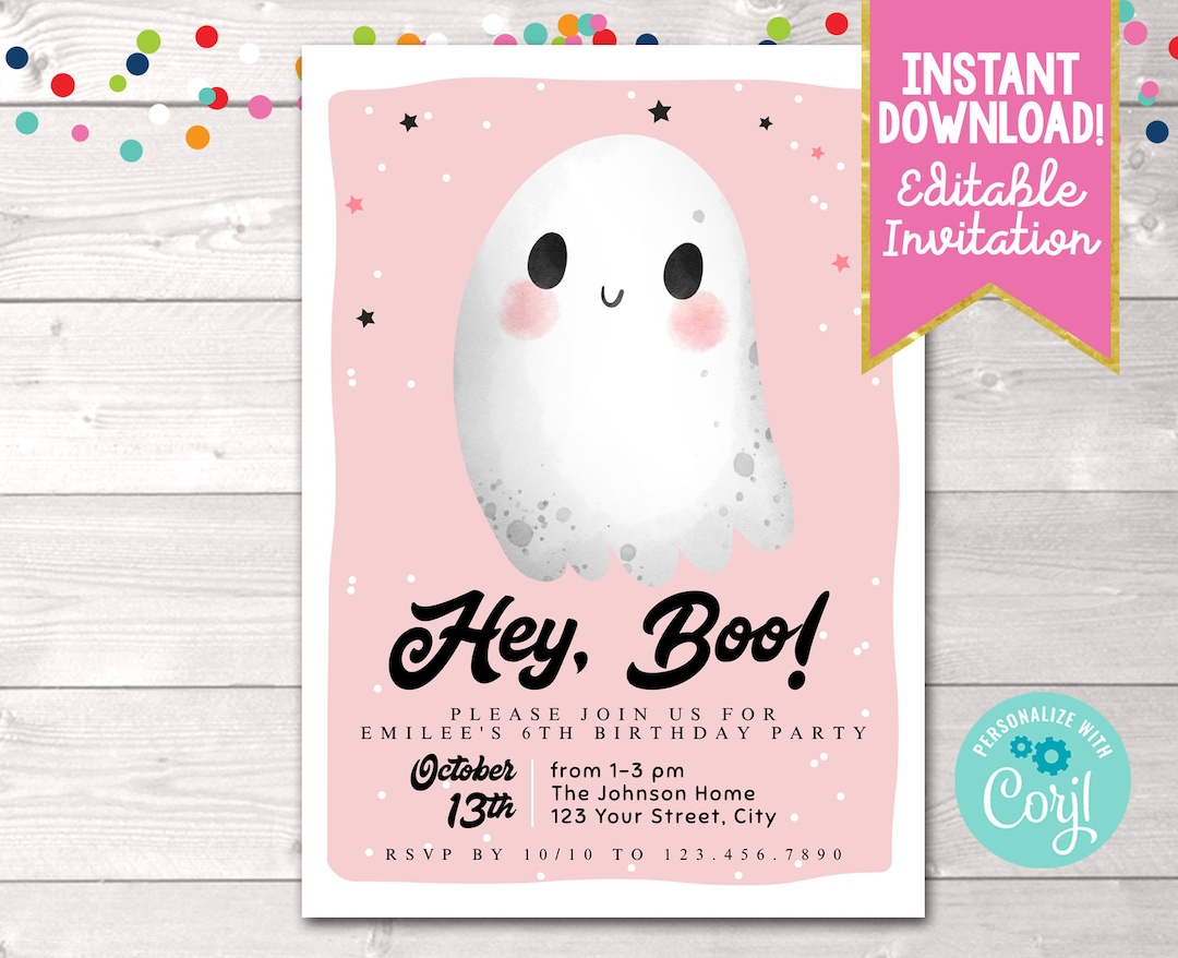 Editable Girls Pink Halloween Ghost Birthday Party Invitation ...