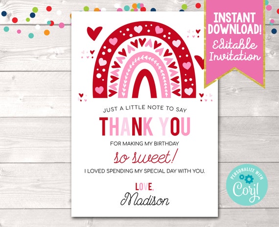 Instant Download Little Sweetheart Thank You Card, Editable Girls ...