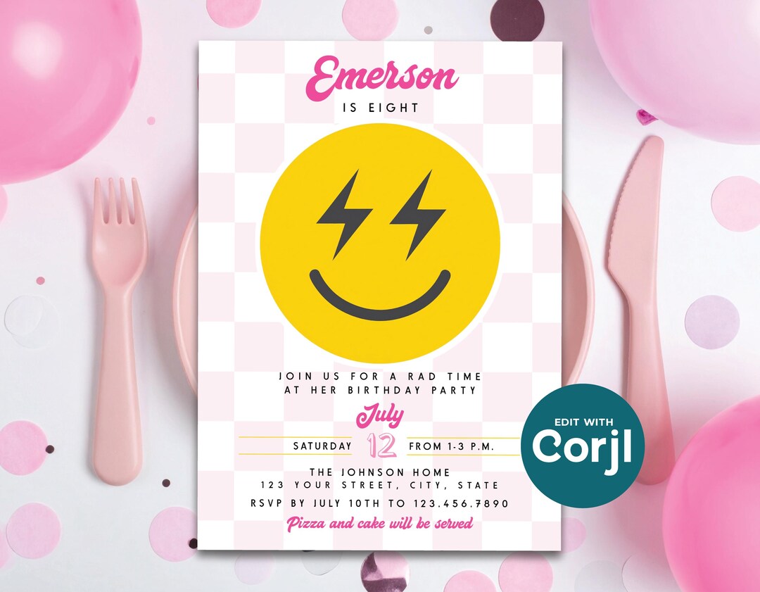 Pink Smiley Face Birthday Party Invitation: Editable Checkerboard ...