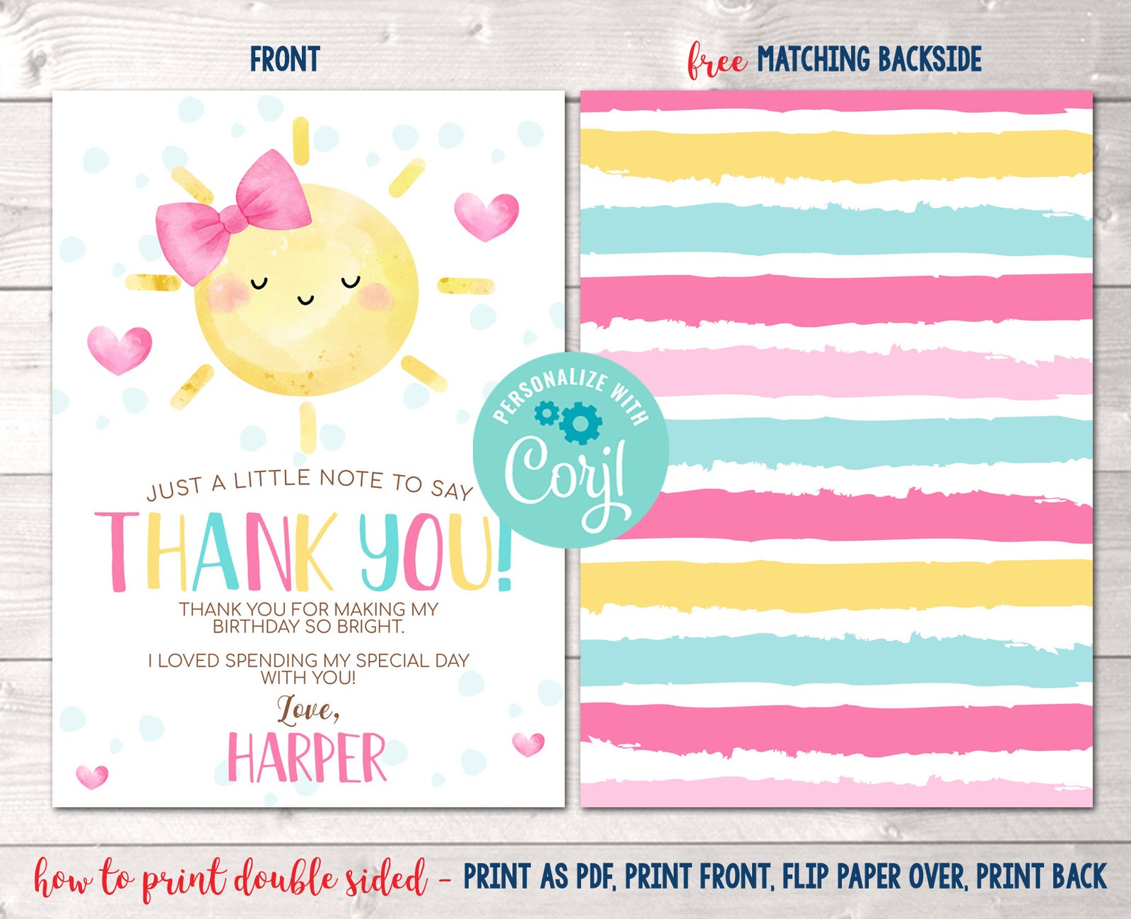 Printable Girls Sunshine Thank You Card Editable Sunshine Sun | Etsy