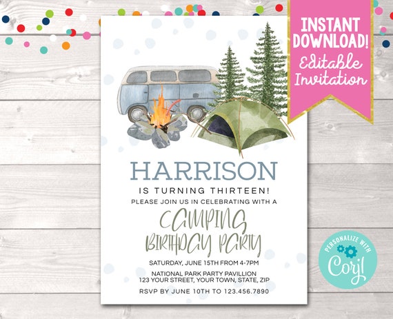 Instant Download Boys Camping Birthday Party Invitation, Editable Tween ...