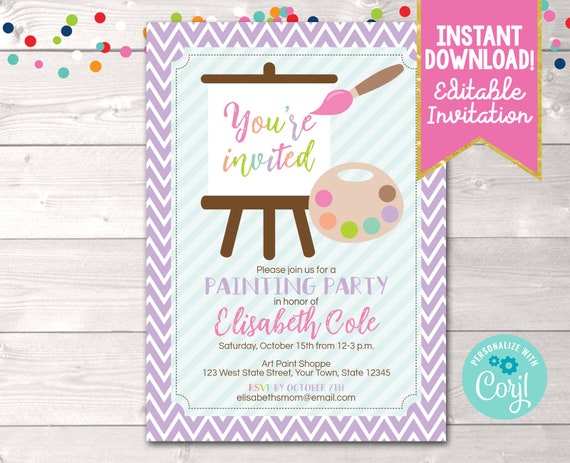 Instant Download Kids Art Painting Party Birthday Party Invitation ...