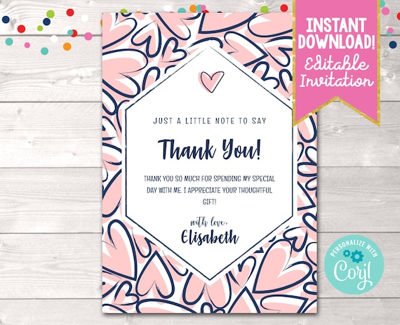 Editable Pink Hearts Thank You Card, Instant Download Girls Birthday ...