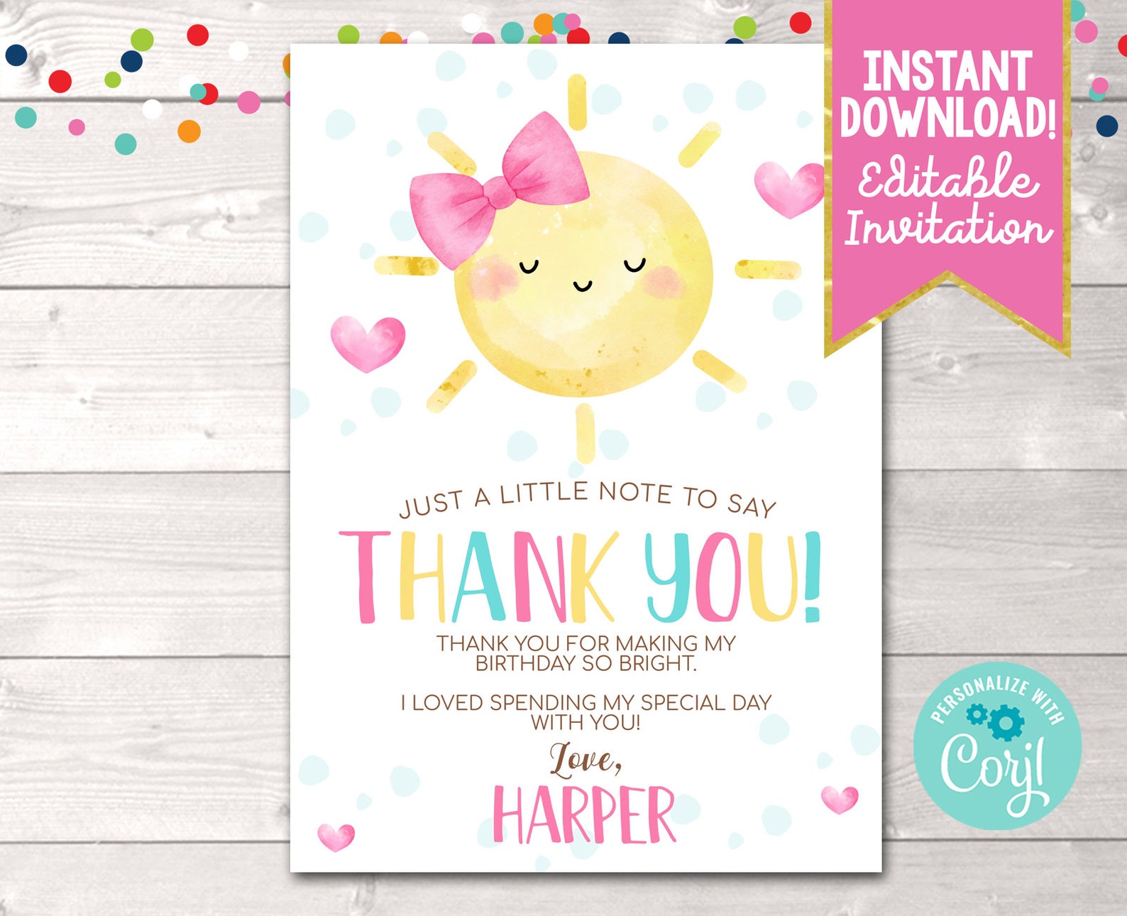 Printable Girls Sunshine Thank You Card Editable Sunshine Sun | Etsy