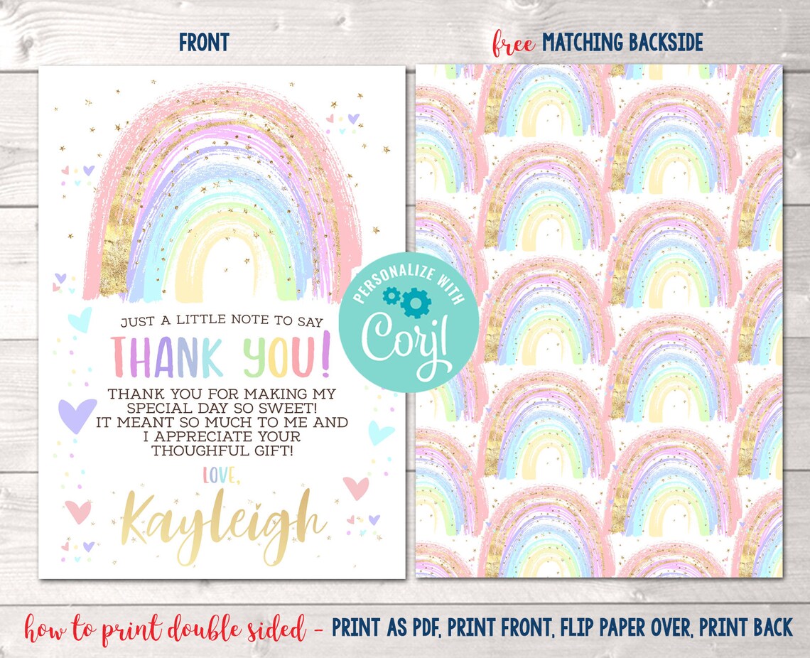 Instant Download Rainbow Thank You Card Editable Girls | Etsy