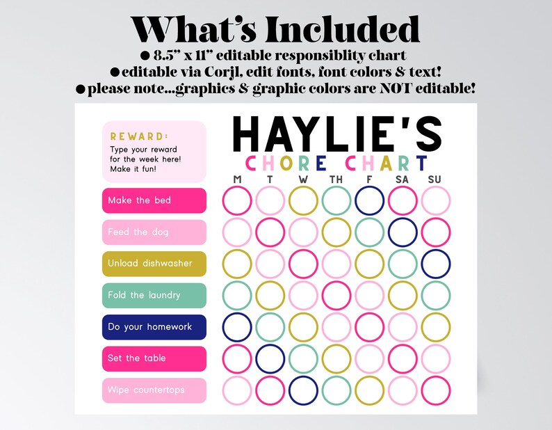 Girls Chore Chart | Kids Preppy Rainbow Responsibility & Reward Chart ...