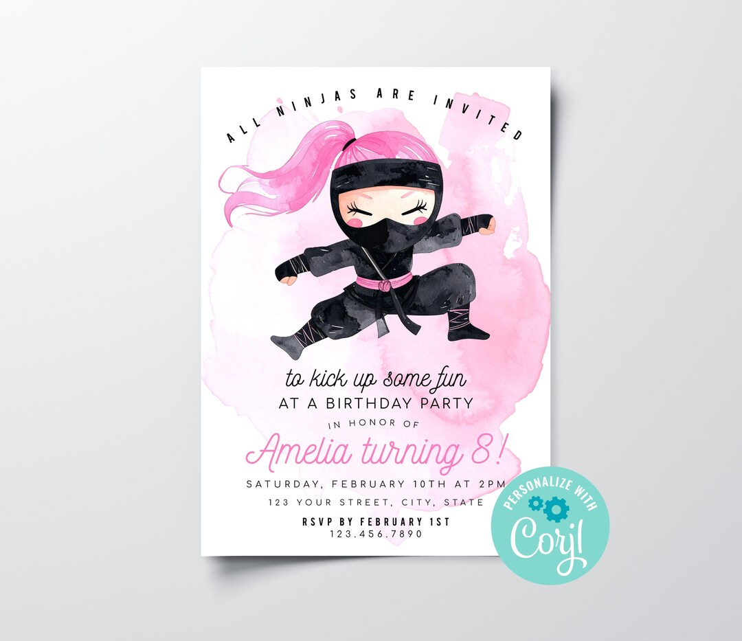 Editable Girls Ninja Birthday Party Invitation, Instant Download Pink ...