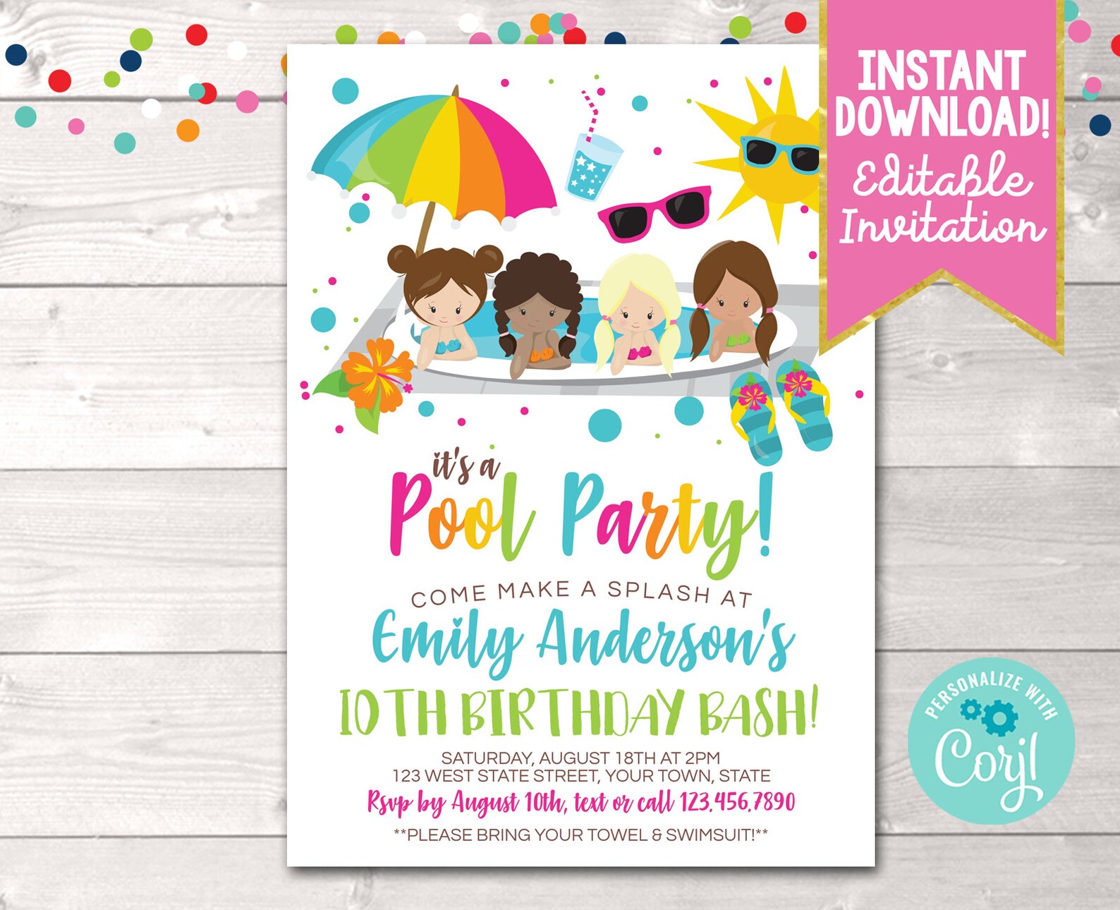 Editable Girls Pool Party Birthday Party Invitation Printable - Etsy