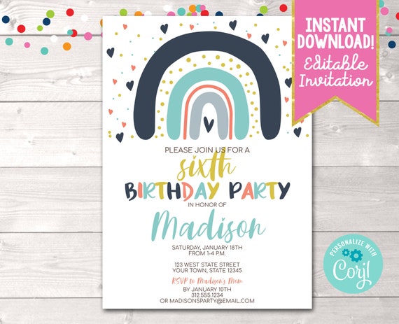 Rainbow Birthday Party Invitation, Instant Download Editable Rainbow ...