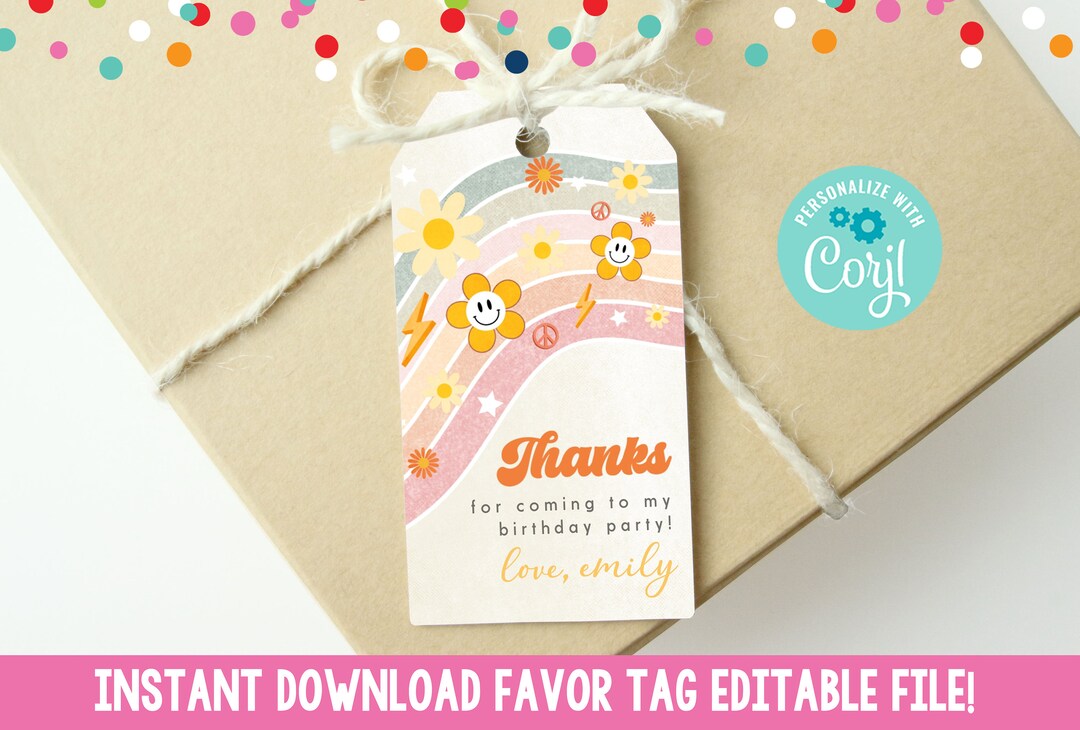 Editable Retro Birthday Party Favor Tag, Printable Groovy Gift Tag ...