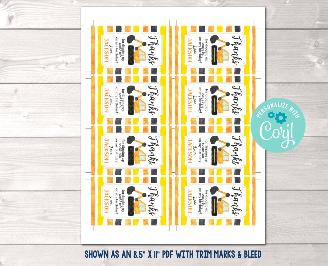 Editable Boys Digger Favor Tag Printable Boys Construction - Etsy