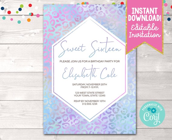 Editable Iridescent Leopard Birthday Party Invitation, Printable Pink ...