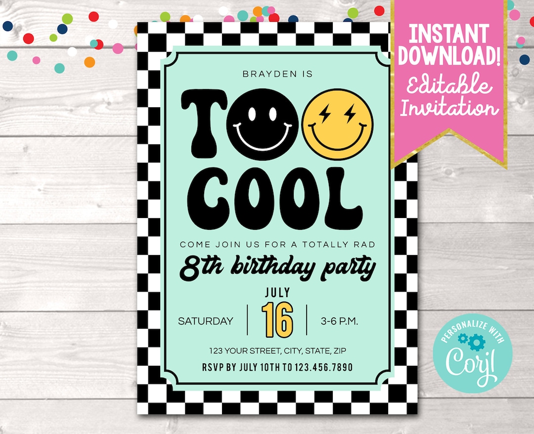 Instant Download Too Cool Birthday Party Invitation, Editable Teen ...