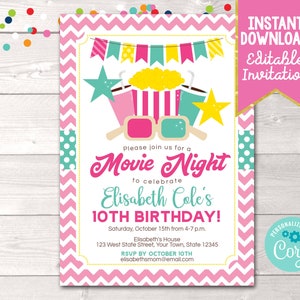 Girls Movie Night Birthday Party Invitation Printable Kids Movie Party ...