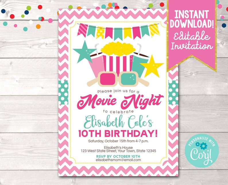 Girls Movie Night Birthday Party Invitation Printable Kids | Etsy