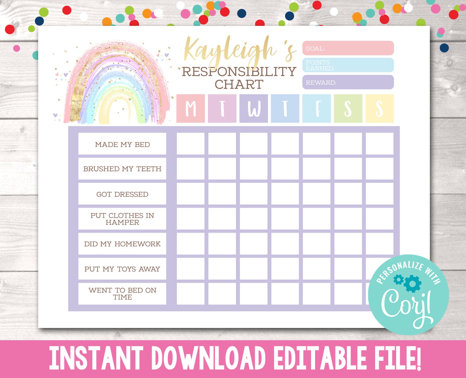 Printable Girls Reward Chart Editable Rainbow Responsibility - Etsy