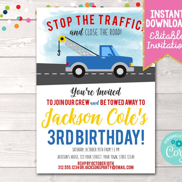 Tow Truck Party Invitation - Etsy