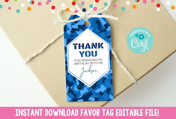 Boys Editable Birthday Party Favor Tags Blue Camouflage Printable ...