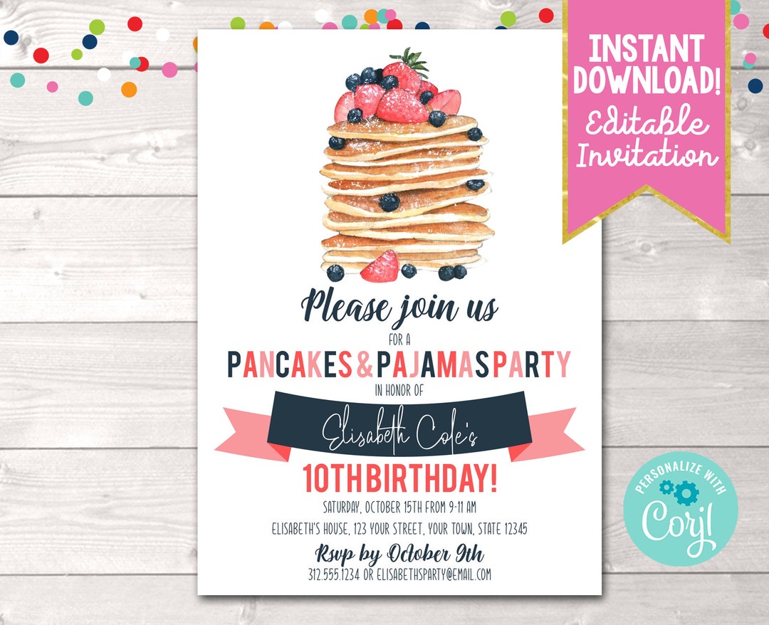 Instant Download Pancakes & Pajamas Party Editable Birthday Invitation ...