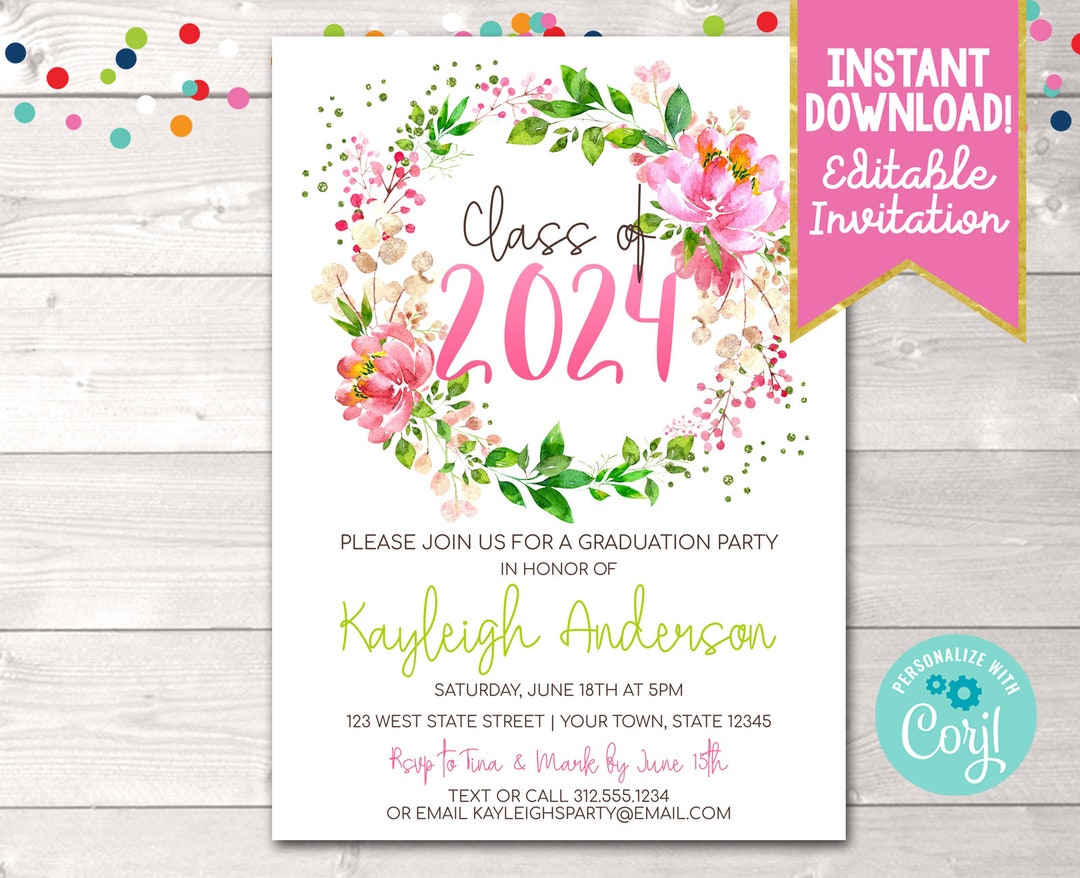 Printable Graduation Party Invitation Pink & Green Watercolor Floral ...
