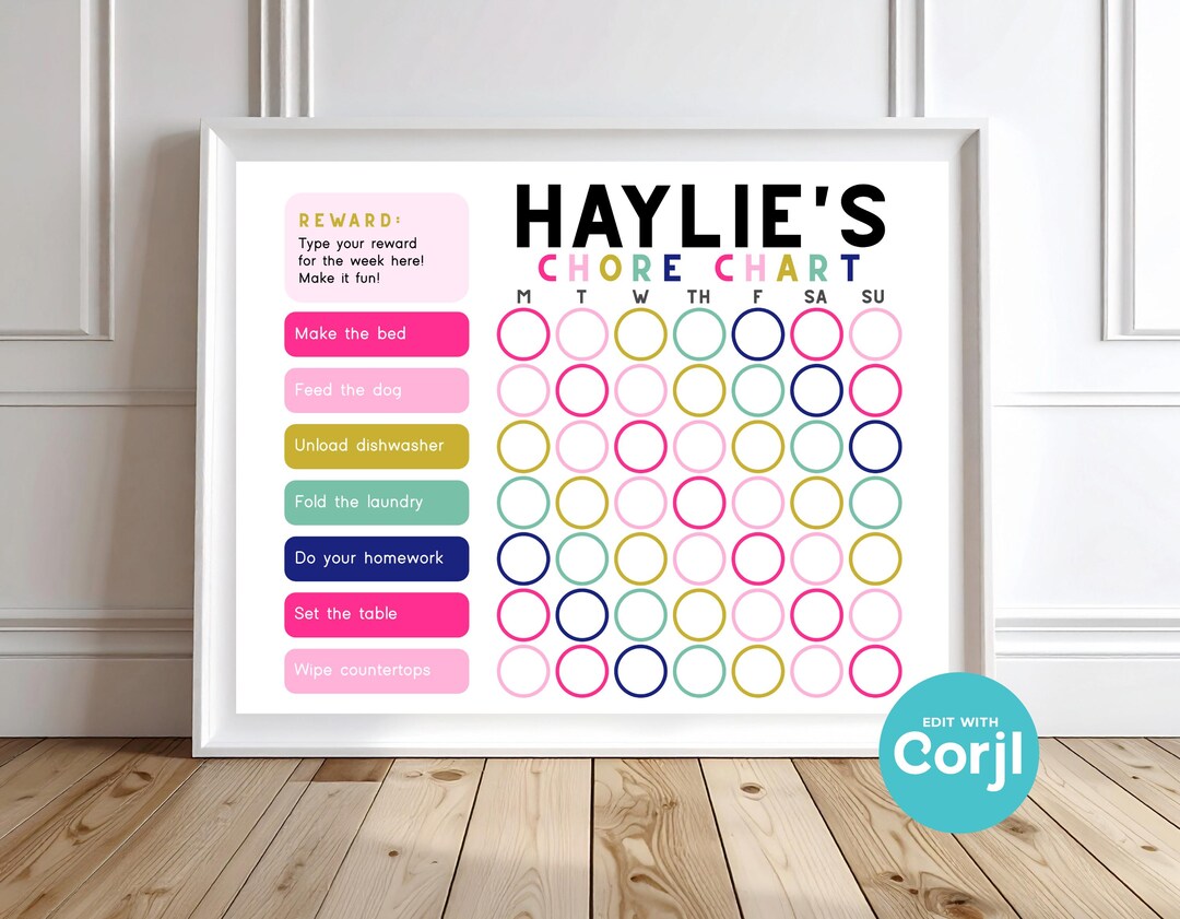Girls Chore Chart | Kids Preppy Rainbow Responsibility & Reward Chart ...