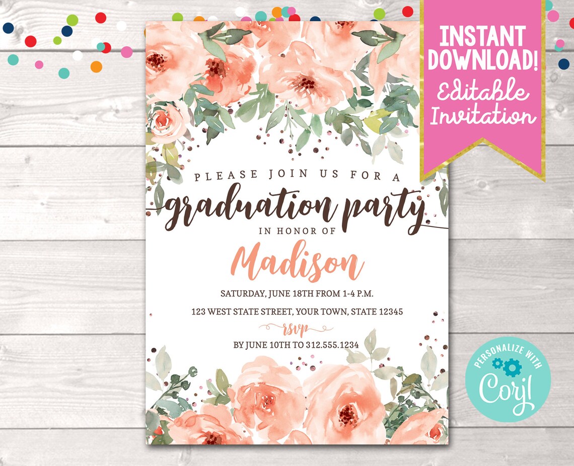 Instant Download Girls Graduation Party Invitation Editable - Etsy