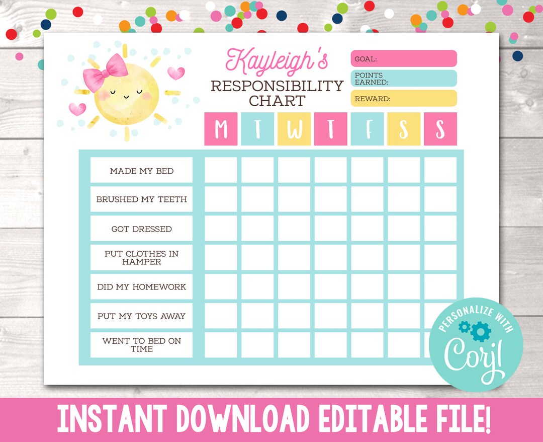 Editable Girls Sunshine Reward Chart, Printable Girls Sun ...