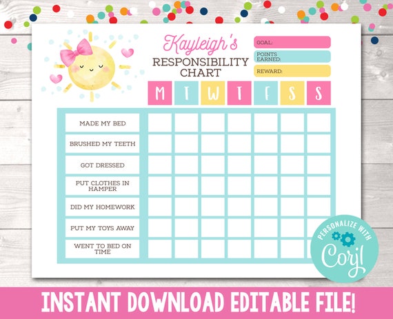 Editable Girls Sunshine Reward Chart, Printable Girls Sunshine ...