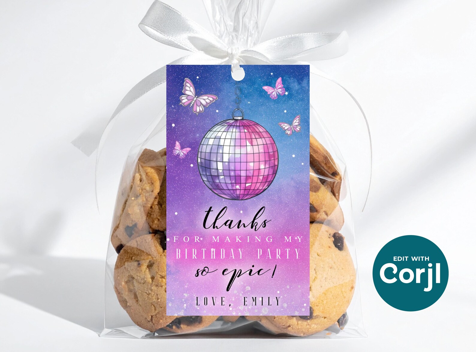 Editable Disco Ball Birthday Favor Tag: Butterfly Gift (instant ...