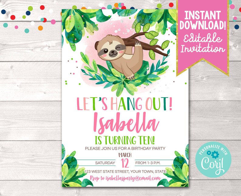 Editable Girls Sloth Birthday Party Invite Printable Sloth - Etsy