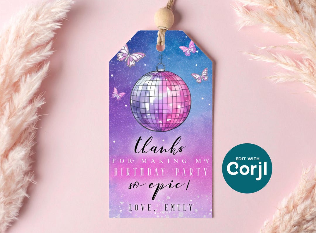 Editable Disco Ball Birthday Favor Tag: Butterfly Gift (instant ...