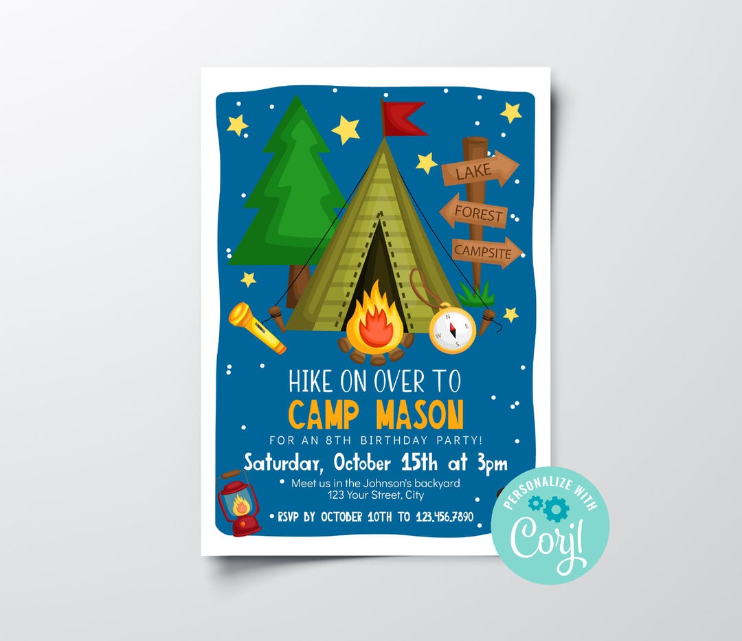 Cute Camping Birthday Party Invitation, Editable Boys Backyard Camping ...