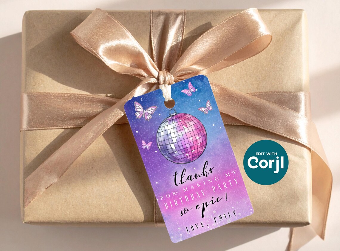 Editable Disco Ball Birthday Favor Tag: Butterfly Gift (instant ...