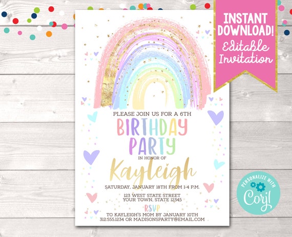 Instant Download Rainbow Birthday Party Invitation, Editable Girls ...