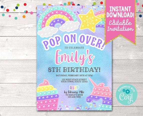 Instant Download Pop it Party Birthday Party Invitation, Editable Pop ...
