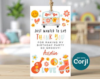 Editable Groovy Retro Favor Tag Disco Birthday Thank You Tag Girl Retro ...