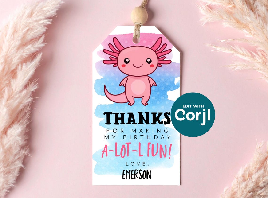 Editable Axolotl Birthday Favor Tag: Pink Party Theme (digital Download ...