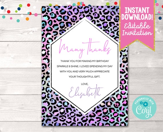 Editable Thank You Card, Printable Pink Purple Black Leopard Birthday ...