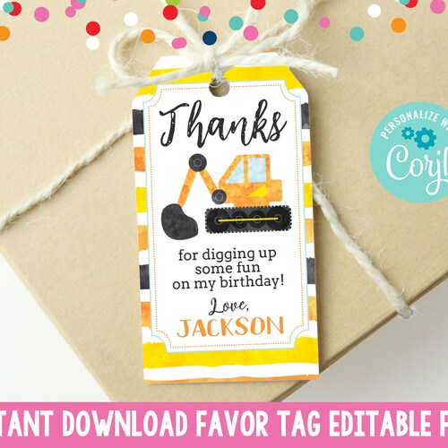 Editable Boys Digger Favor Tag Printable Boys Construction - Etsy