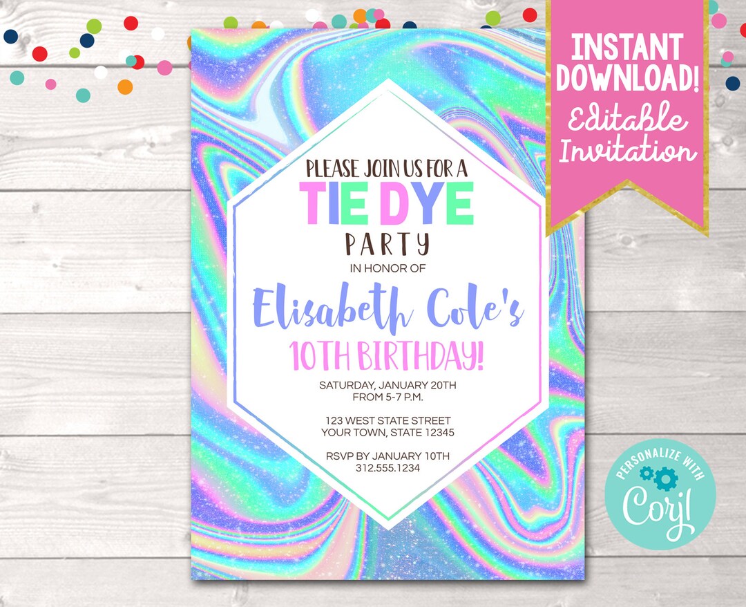 Editable Tie Dye Birthday Party Invitation, Instant Download Tie Dye ...