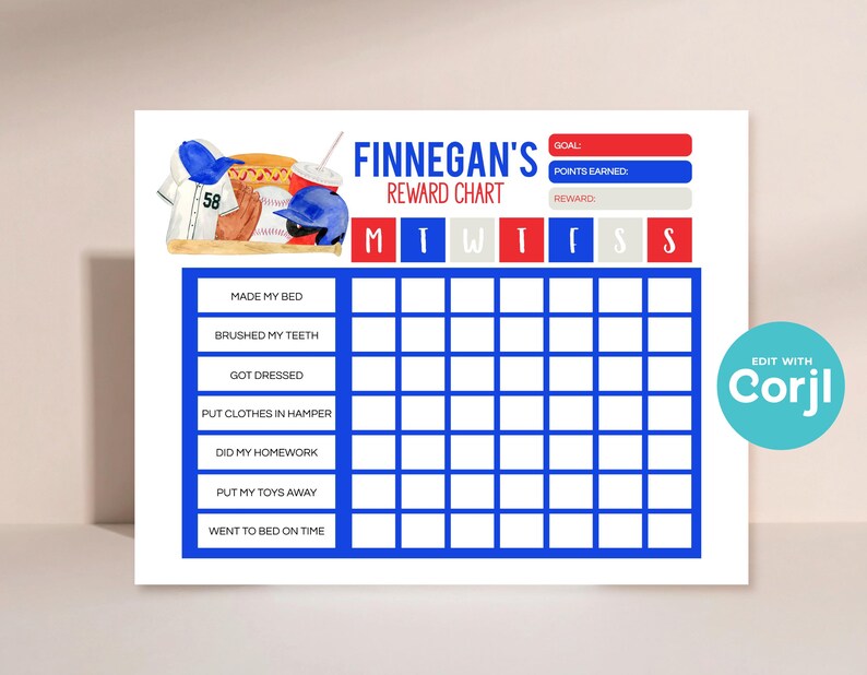 Editable Baseball Chore Chart, Printable Boys Reward Chart PDF Instant ...