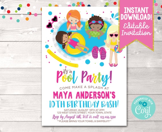 Girls Pool Party Birthday Party Invitation, Instant Download Printable ...