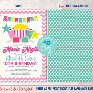 Girls Movie Night Birthday Party Invitation Printable Kids Movie Party ...