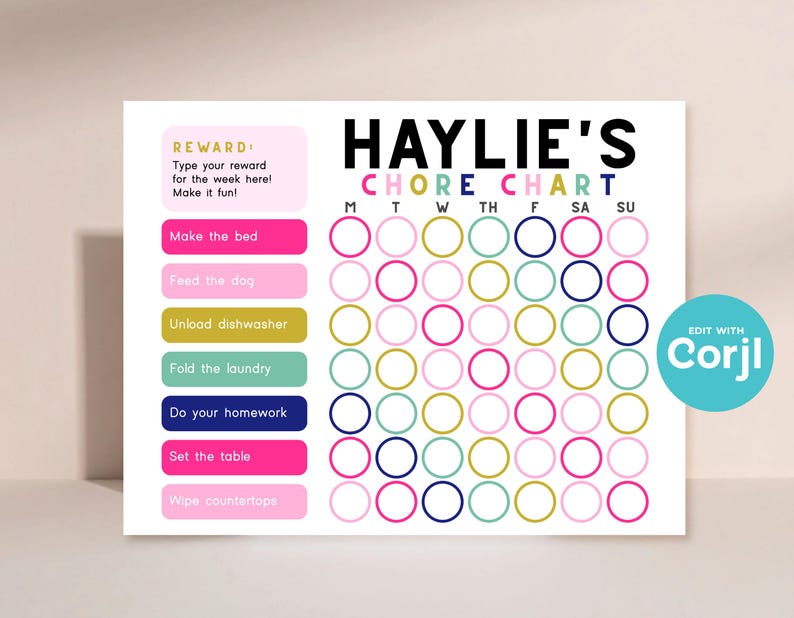 Girls Chore Chart | Kids Preppy Rainbow Responsibility & Reward Chart ...