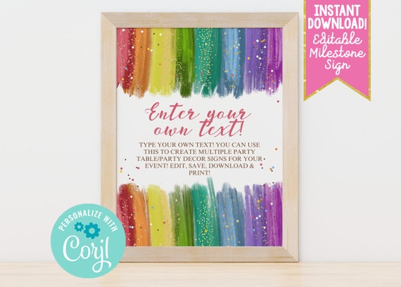 Editable Glitter Rainbow Table Decor Signs, Printable Art Party Rainbow ...