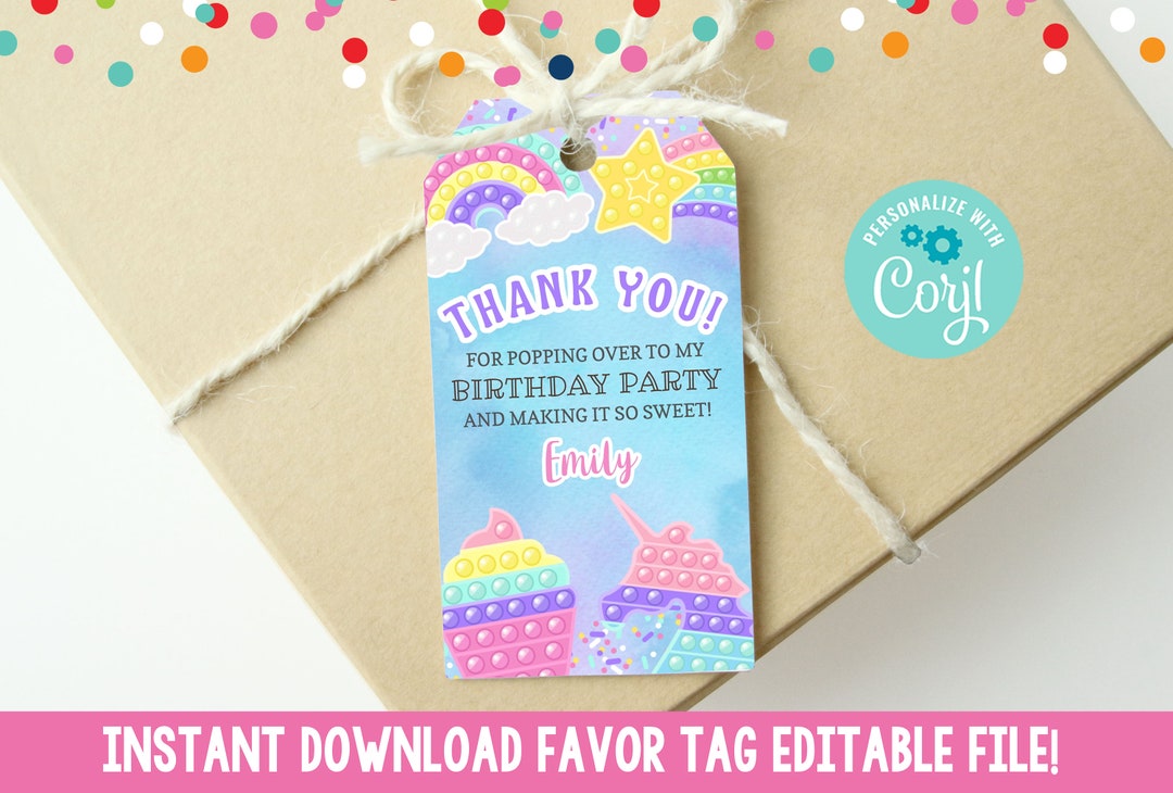 Editable Pop It Party Favor Tag, Instant Download Girls Birthday Party ...