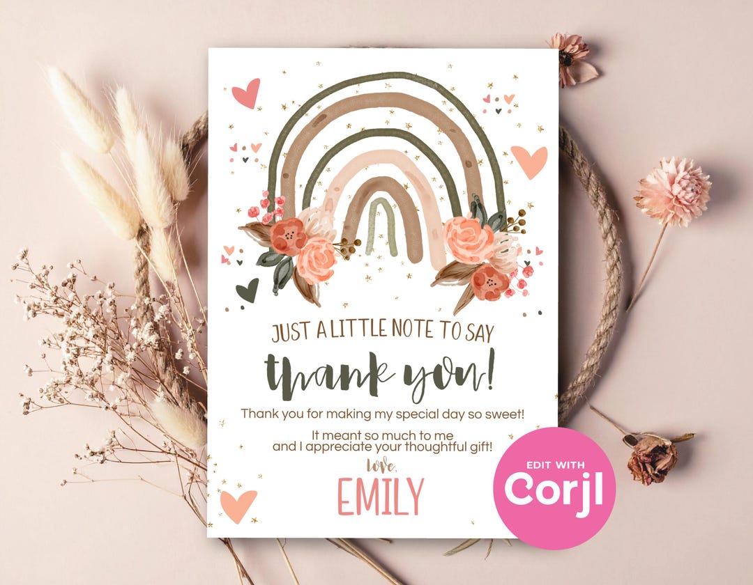 Boho Rainbow Thank You Card, Editable Birthday Shower (digital Download ...